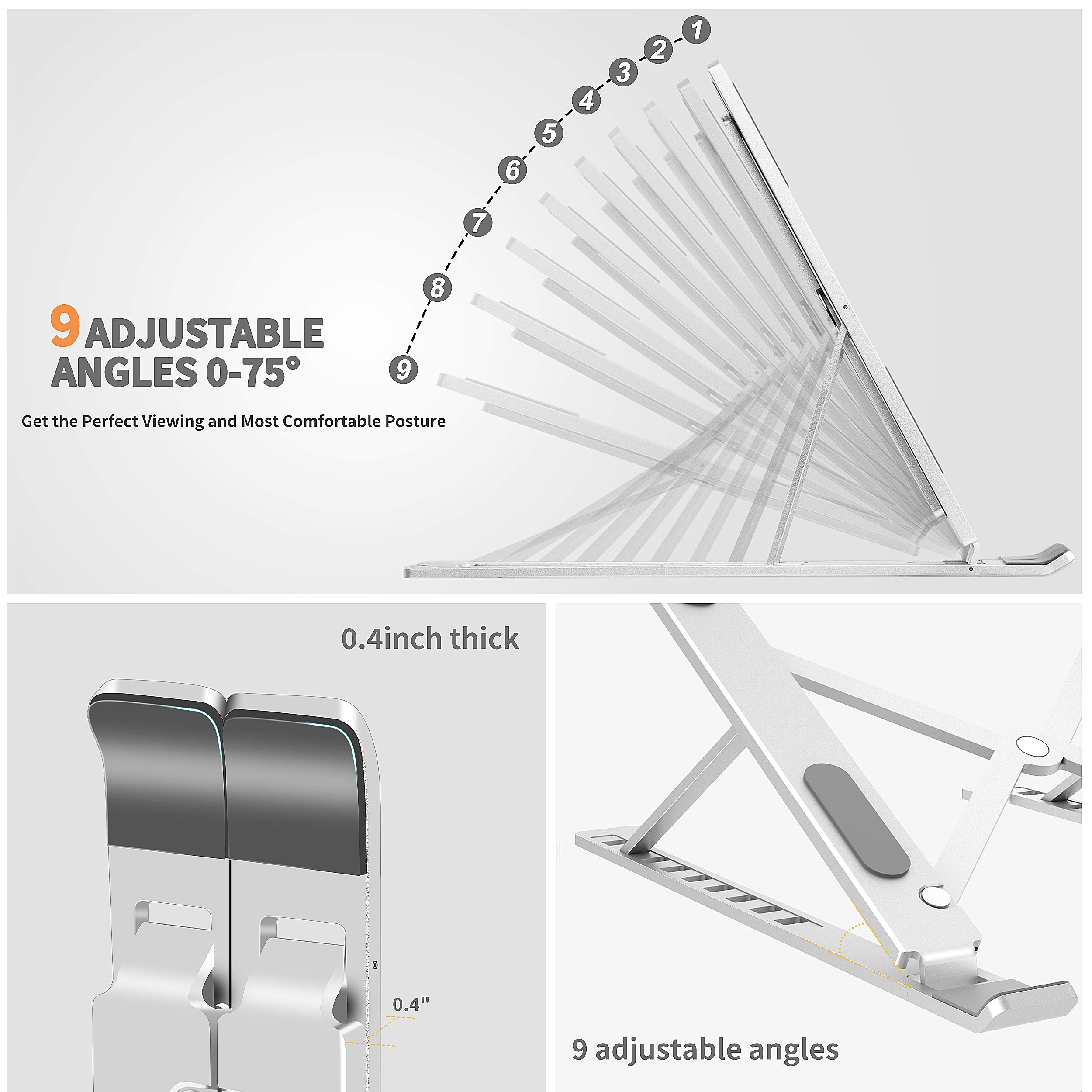 BY4U Laptop Stand for Desk, Portable Laptop Stand Adjustable Height, Foldable Laptop Holder, Non-Slip Aluminum MacBook Computer Stand 9 Angles Anti-Slip Laptop Riser Compatible with 7-17 inch Laptops