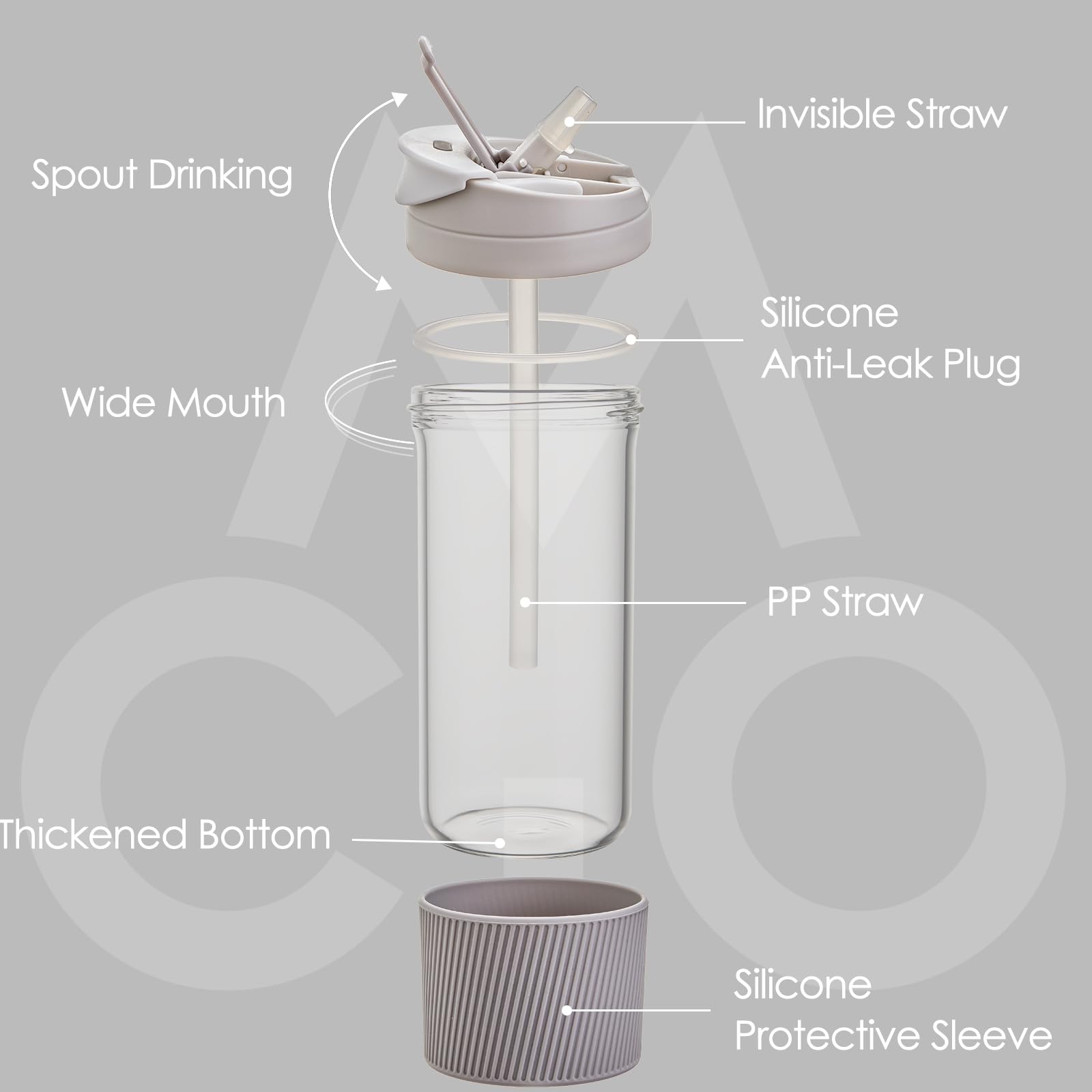 COMI Glass Travel Coffee Tumbler, Smoothie Cup Travel Dual-use Glass Coffee Cups with Lids Coffee Travel Cup with straw - 12 oz - Ash Grey