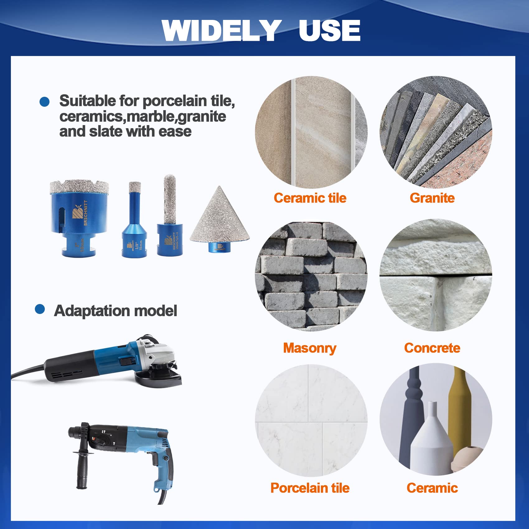 Diamond Core Drill Bit Set for Porcelain Tile Ceramic Marble Granite Drilling(1/4" 3/8" 4/5" 1-3/8" 2" 2-1/2" 4“)