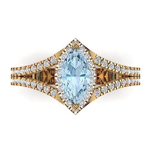 Clara Pucci 1.20ct Marquise Cut Solitaire Halo Genuine Natural Aquamarine Engagement Promise Anniversary Bridal Ring 18K Yellow Gold 9.25
