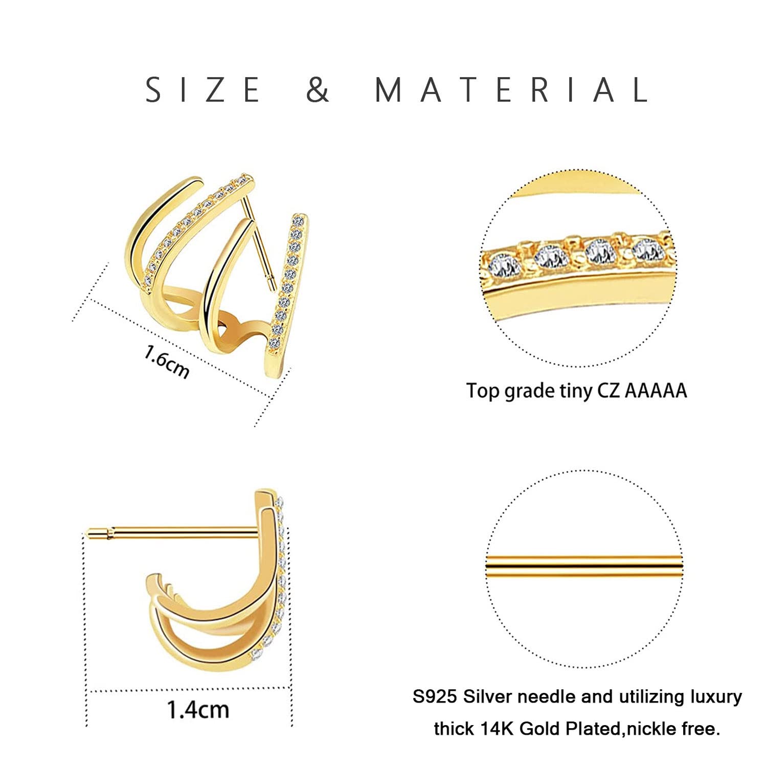 Claw Earrings for Women Zircon Needle Stud Ear Cuffs Multi Hoop Earrings (Gold & Silver)