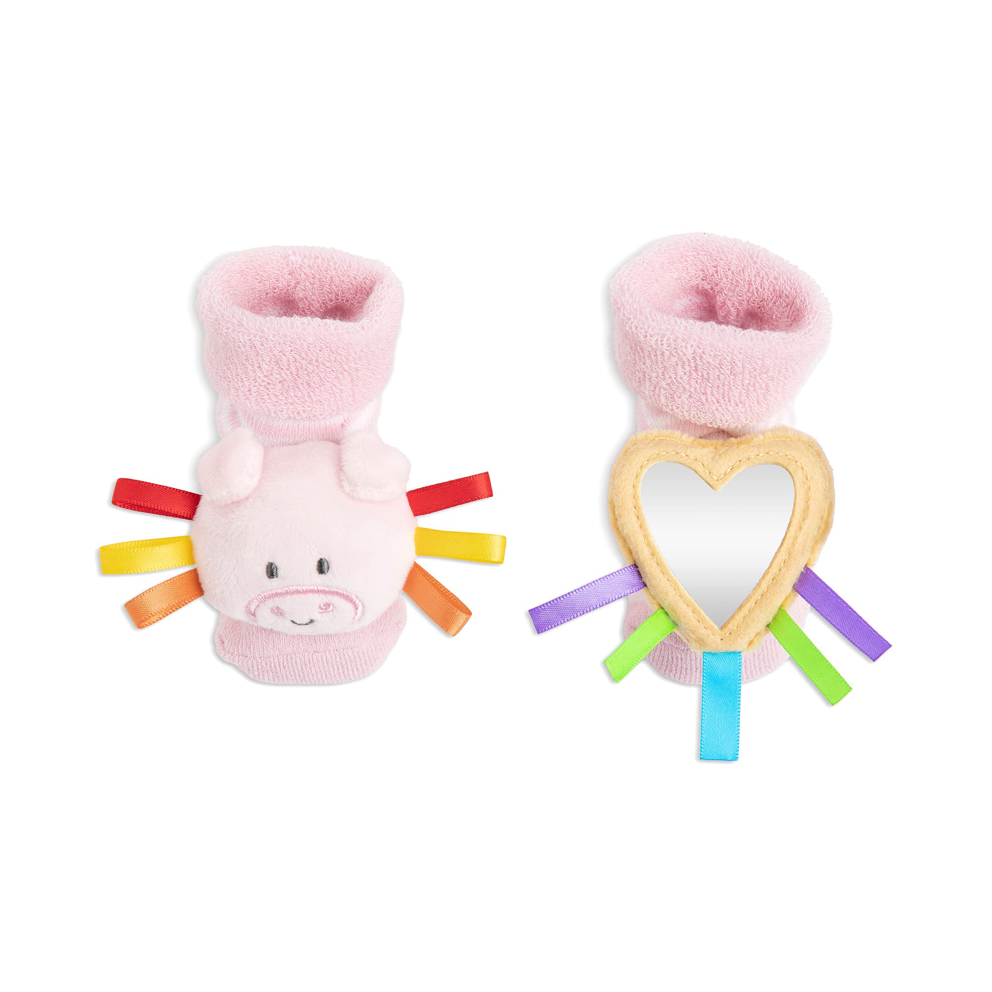 DEMDACO Pig Pink 3-6 Months Baby Rattle and Mirror Activity Sock Set