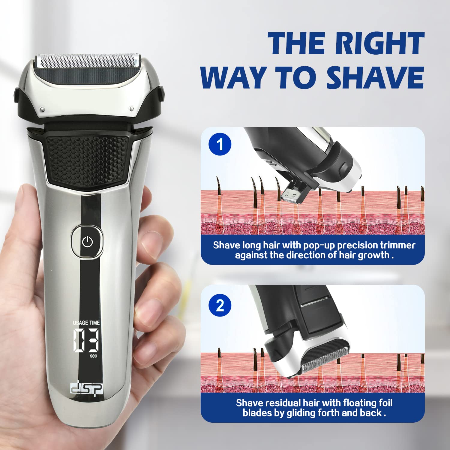 DSP® Electric Cordless Foil Razors for Men Rechargeable Wet & Dry Shavers with Pop-Up Trimmer & IPX 6 Waterproof & LED Display