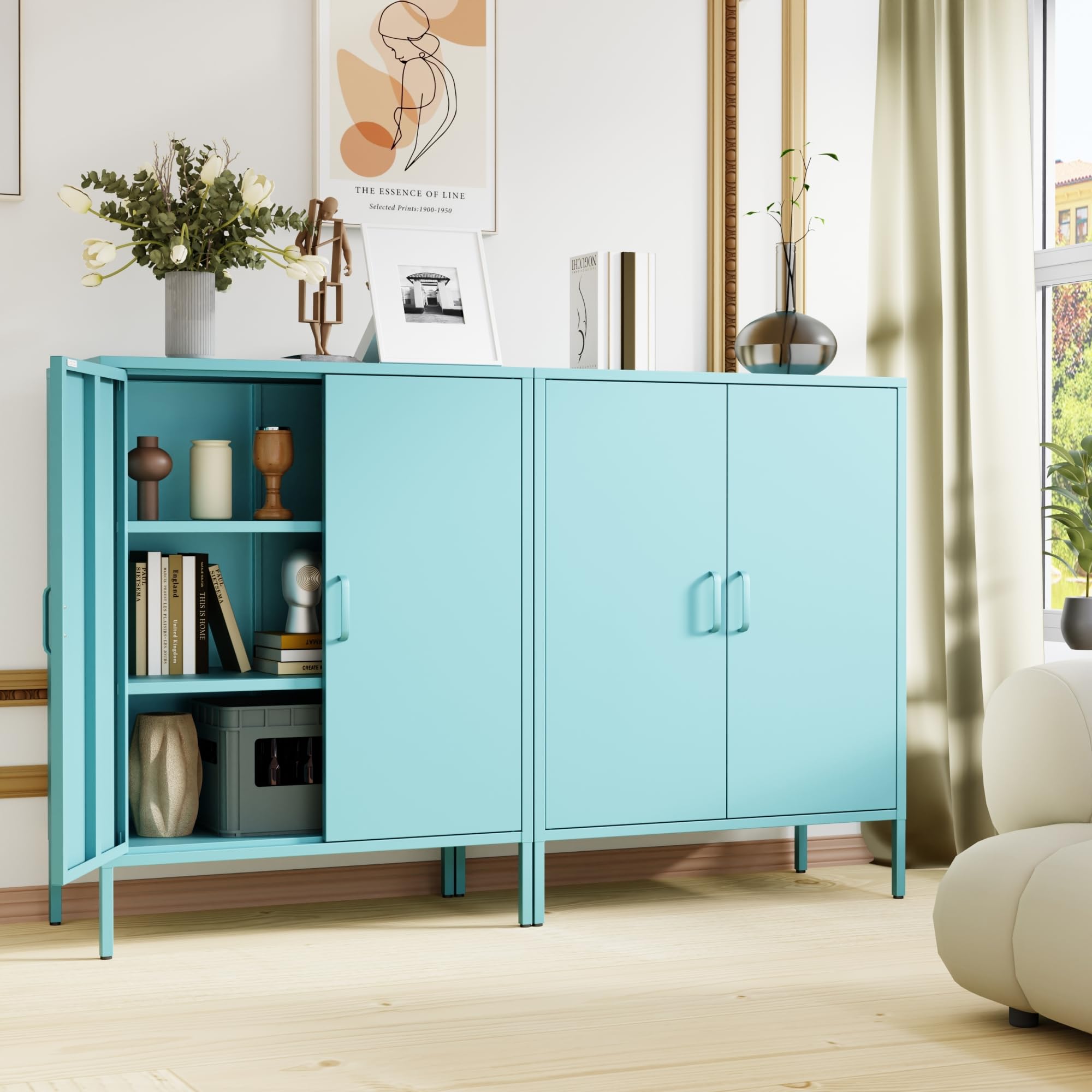 COFaR Blue Metal Cabinet with Doors and Shelves,Metal Storage Cabinet with Leg,Multipurpose 3-Tier Office Cabinets,Metal Liquor Cabinet for Home Office,Coffee bar,Kitchen