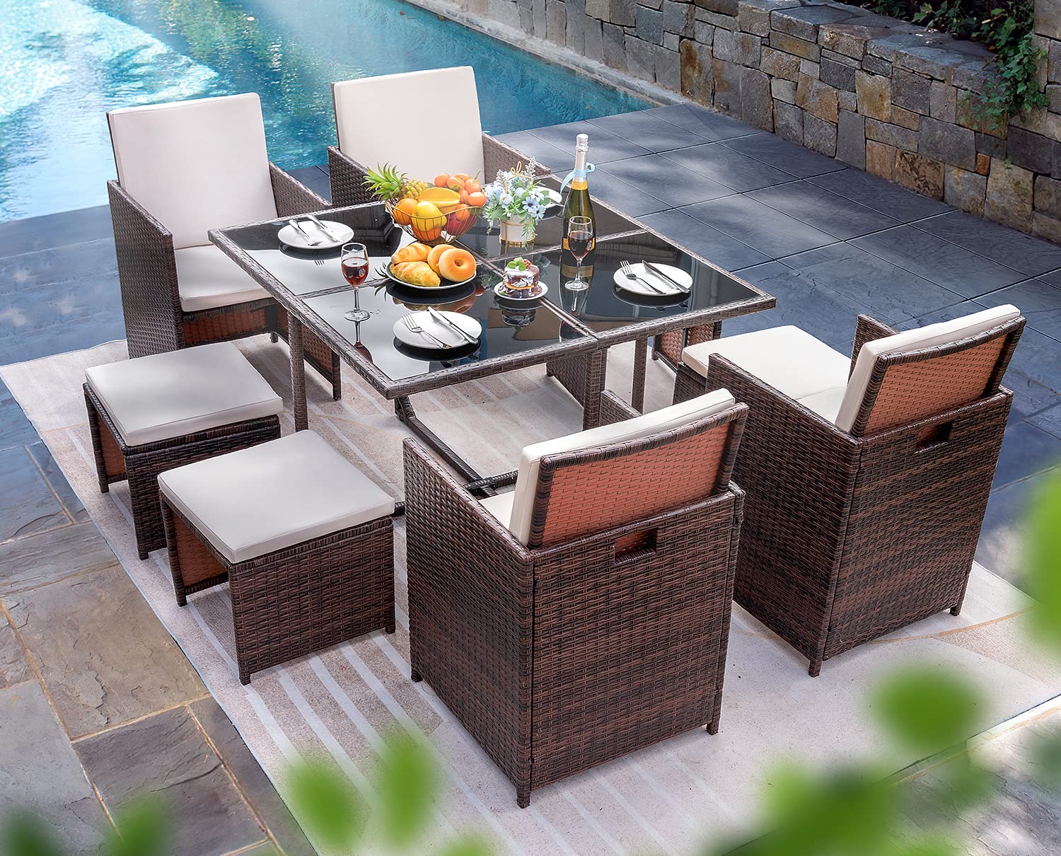 Homall 9 Pieces Dining Outdoor Furniture Patio Wicker Rattan Chairs and Tempered Glass Table Sectional Conversation Set Cushioned with Ottoman (Brown)