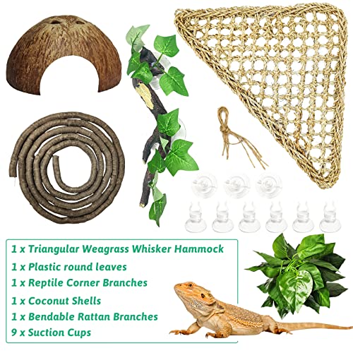 Hamiledyi Bearded Dragon Hammock Lizard Jungle Climber Vines Reptile Corner Branch Coconut Shell with Suction Cups for Gecko,Snakes,Chameleon