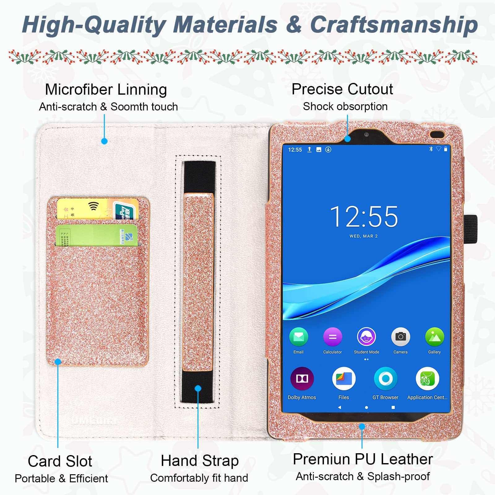 DMLuna Case for Moxee Tablet 2 8 Inch (Model: MT-T8B22) 2022 Release, Folio Premium PU Leather Cover with Hand Strap/Card Holder, Glitter Rose
