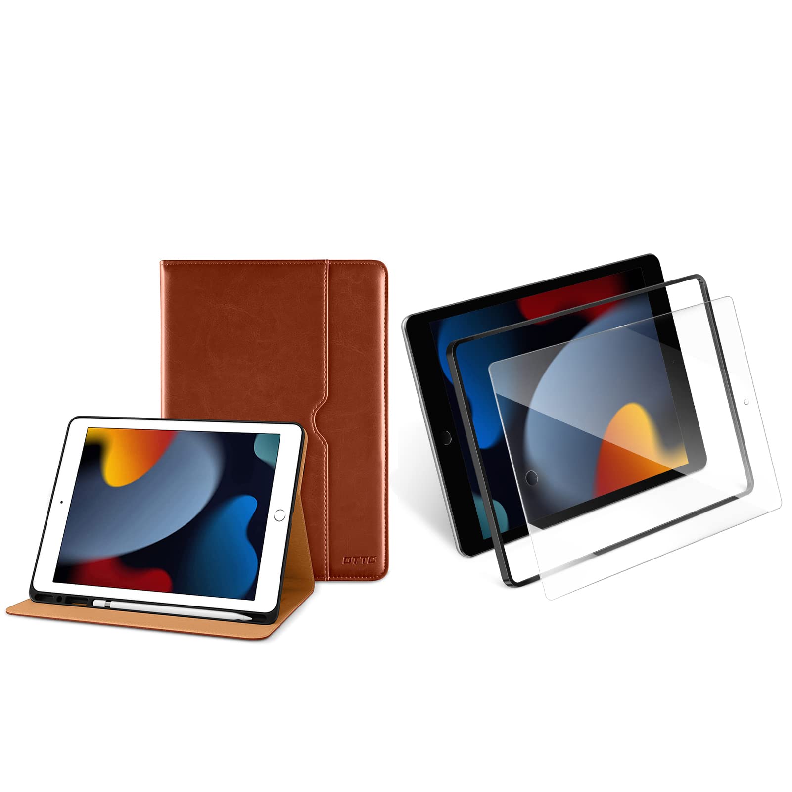 DTTO iPad 9th/8th/7th Generation 10.2 Inch Case 2021/2020/2019, Premium Leather Business Folio Stand Cover with Tempered-Glass Screen Protector & Alignment Frame, Dark Brown