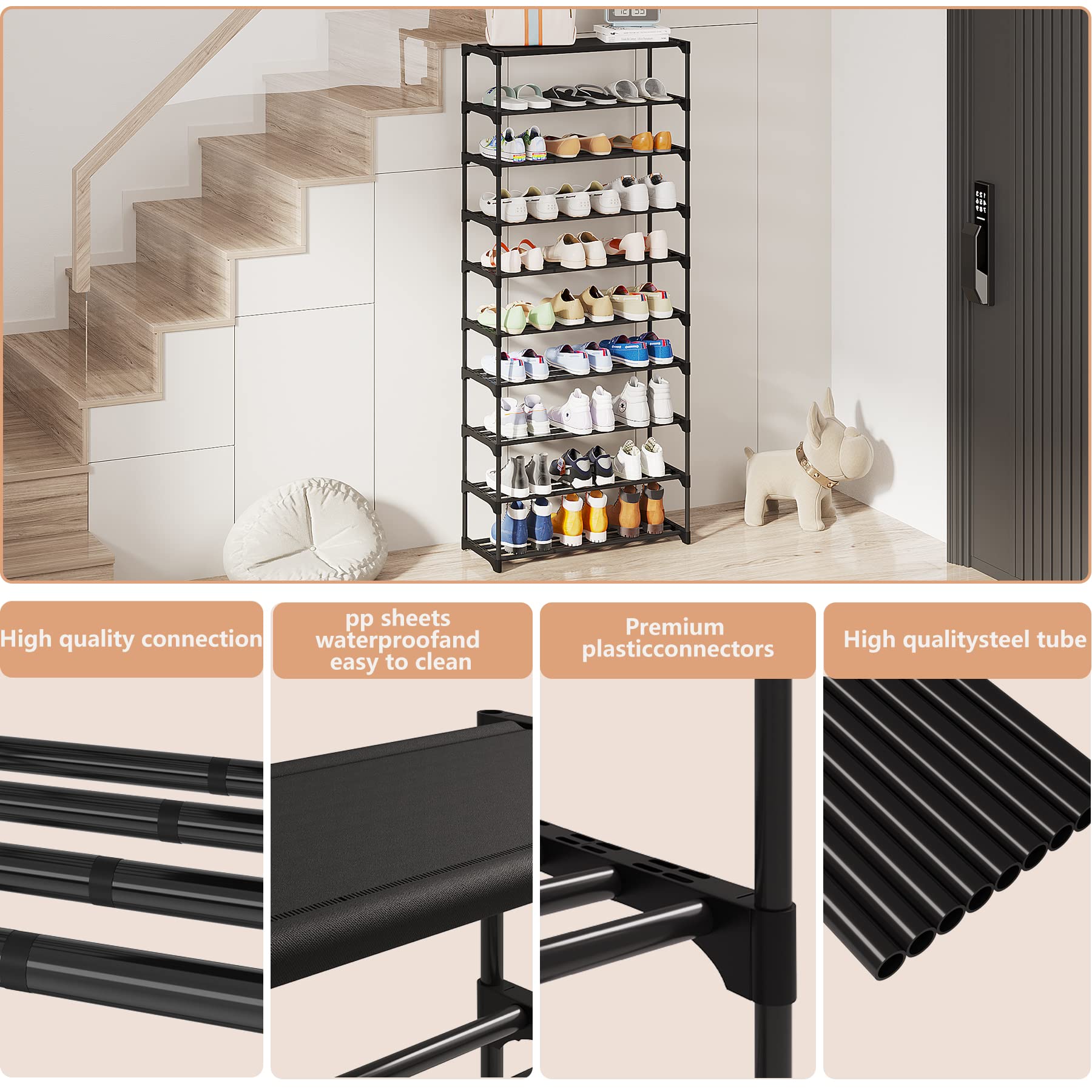 Calmootey 10-Tier Shoe Rack,Shoe Shelf Storage Organizer,Entryway,Bedroom,Black