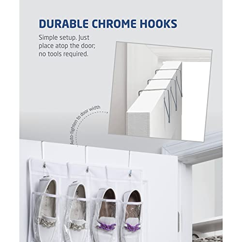 ZOBER Over The Door Shoe Organizer - 24 Breathable Pockets, Hanging Shoe Holder for Maximizing Shoe Storage, Accessories, Toiletries, Laundry Items. 64in x 18in (White, Clear)