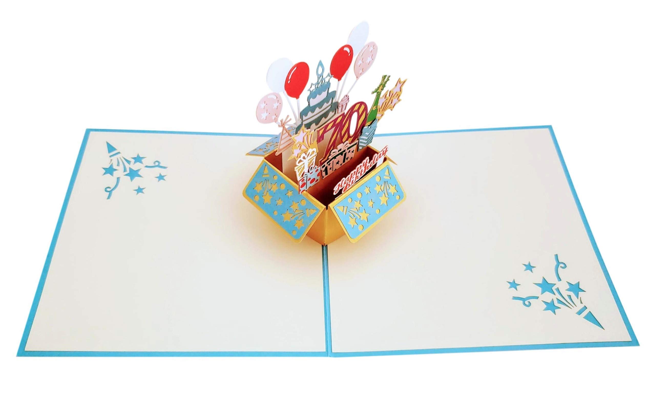 iGifts And Cards Happy 70th Blue Birthday Party Box 3D Pop Up Greeting Card – Seventy, Awesome, Balloons, Unique, Celebration, Feliz Cumpleaños, Fun, Festive