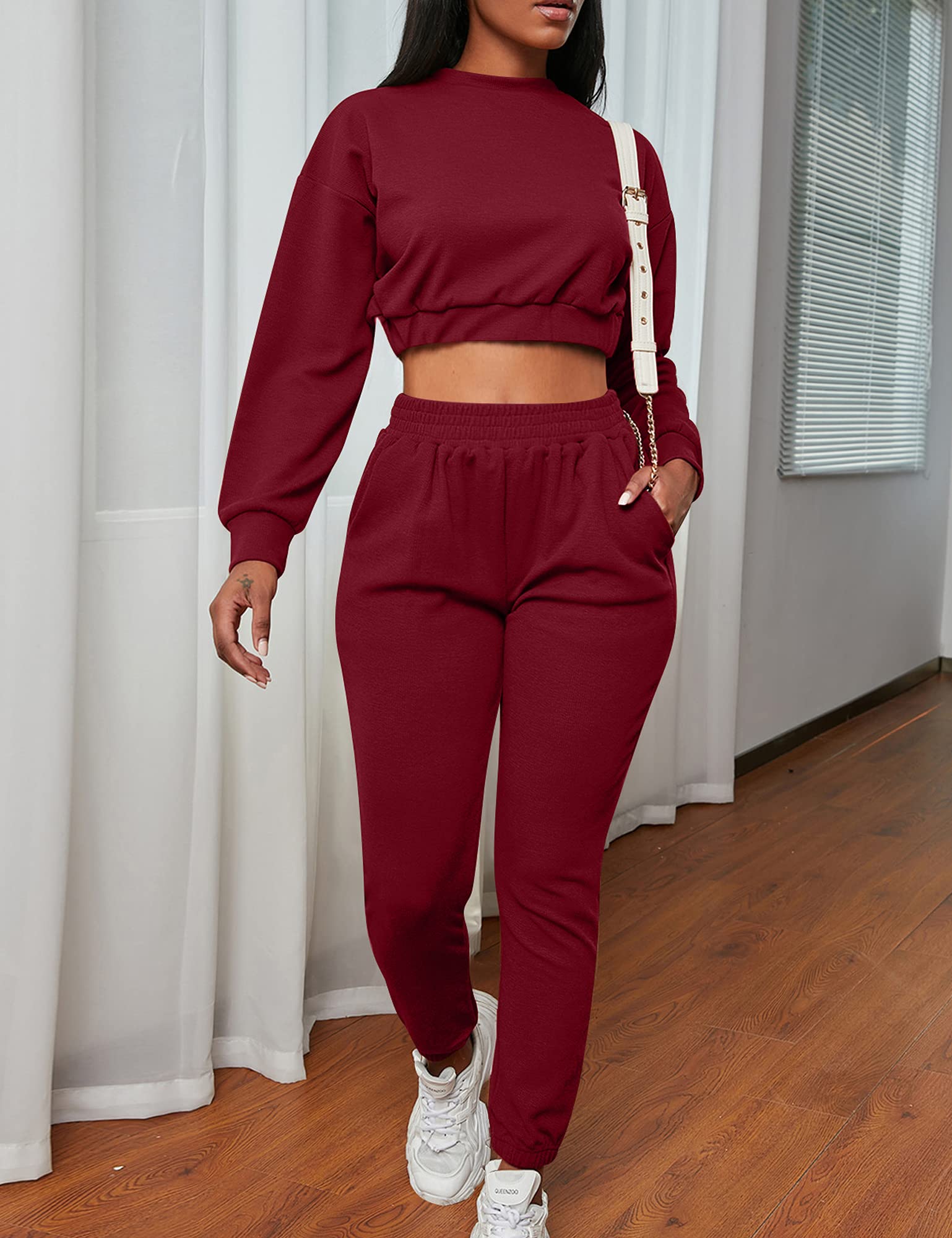 BORIFLORS Women's Workout Track Suit 2 Piece Outfits Long Sleeve Sweatsuits Jogger Pants Sets,Large,Wine Red