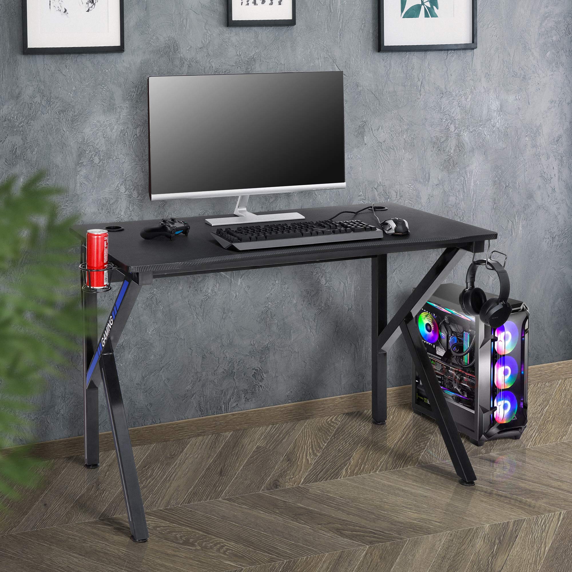 SUPER DEAL Gaming Desk 45" W x 23" D x 30" H Home Office Computer Desk w/Power Outlet, Free Red and Blue Stickers, Cup Holder, Headphone Hook, Black