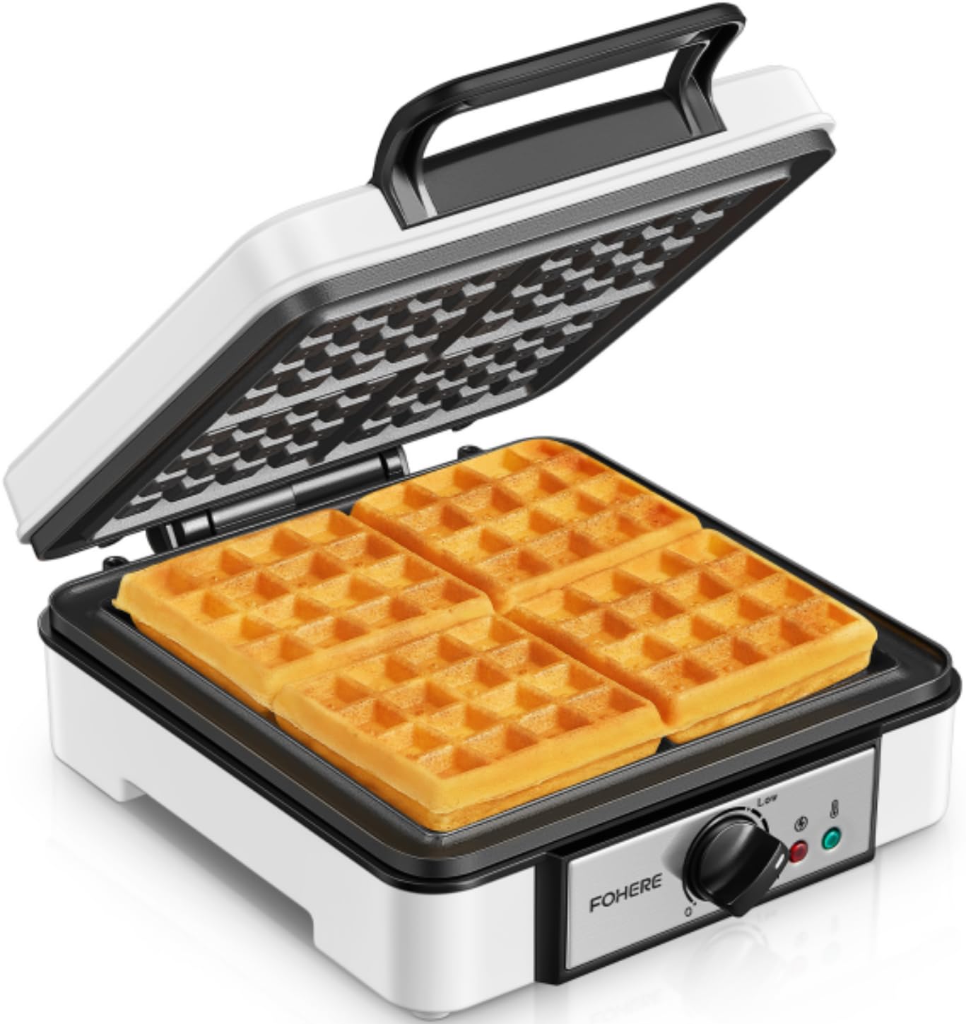 FOHERE Belgian Waffle Maker 4 Slices, 1200W Square Waffle Iron, 5 Browning Levels, Nonstick Plates, Cool-touch Handle, Anti-scald, Anti-overflow, Indicator Lights, Recipe, White
