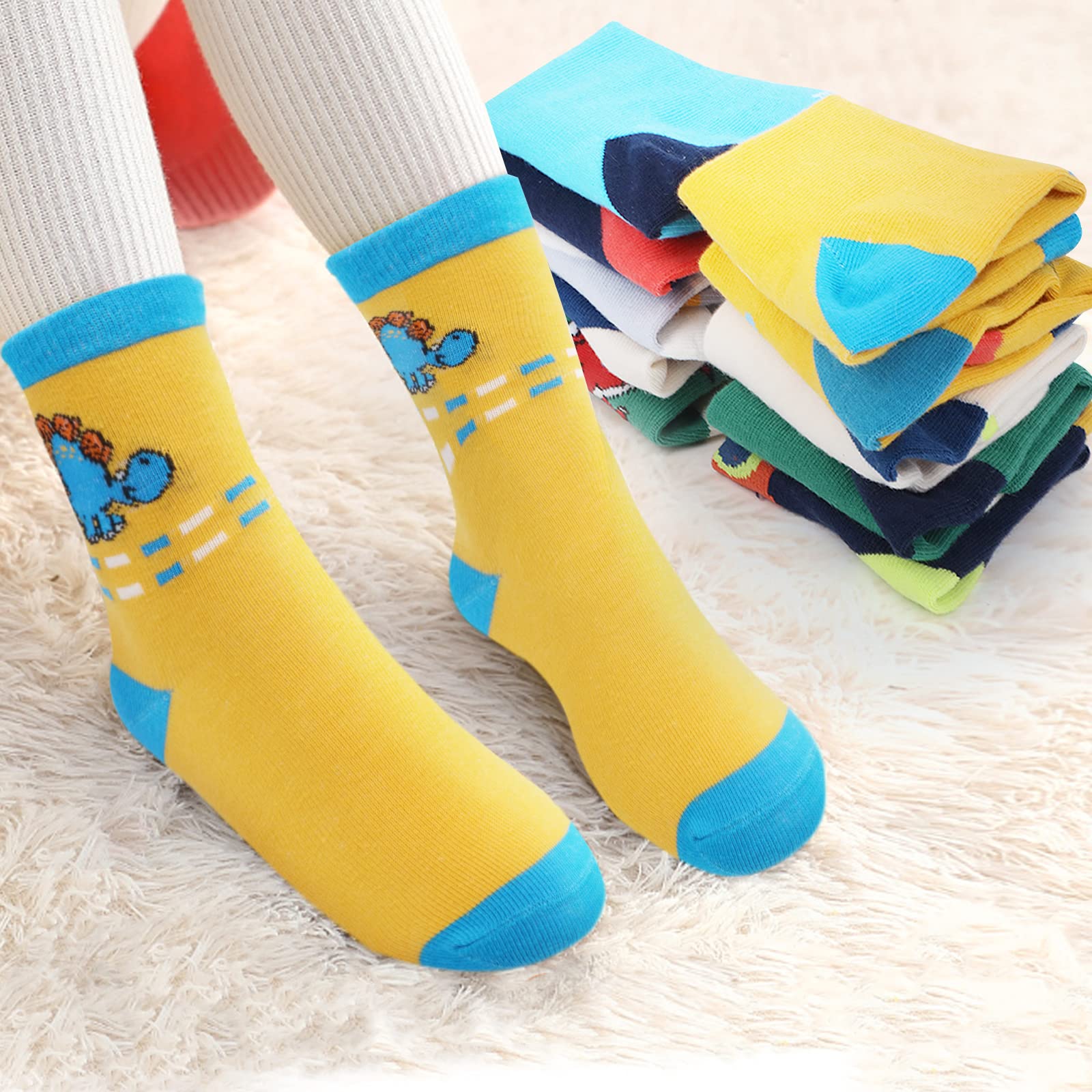 Mmkkhpy Toddler Little Kids Boys Fun Novelty Design Crew Cotton Socks 10 Pairs (5-8 Years, Dino Rocket)