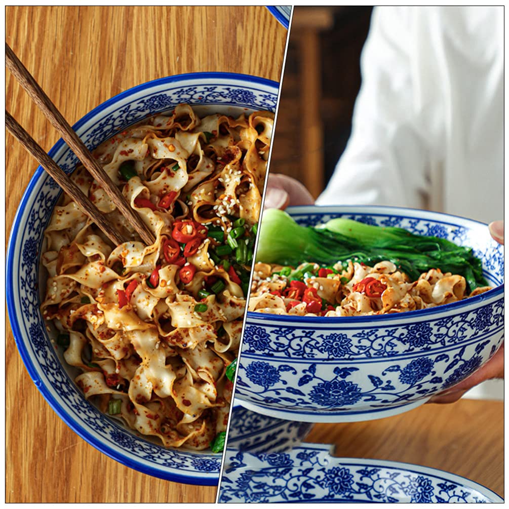 DOITOOL Ceramic Ramen Bowl Blue and White Porcelain Bowl Noodle Serving Bowls Kitchen Deep Soup Pho Bowls Salad Bowls for Ramen Pasta Cereal Dessert 8inch