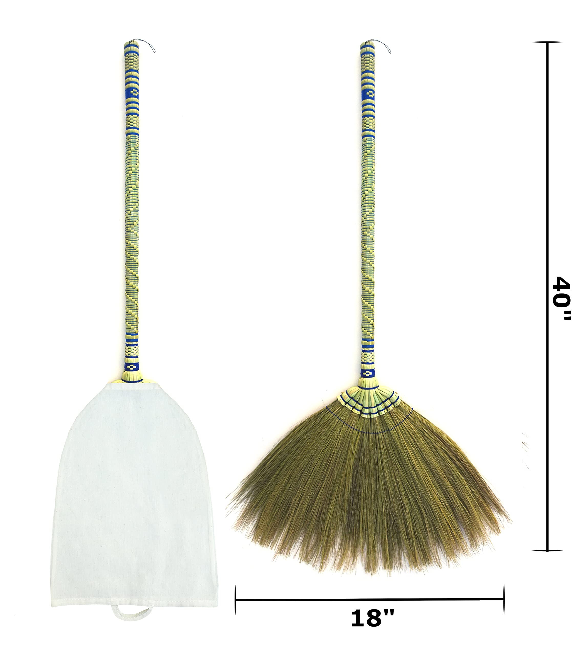 Handmade Asian Broom Natural Bamboo Wood Broomstick for Sweeping, RED or Blue Thai Grass Woven Design Corn Broom & Cover Set