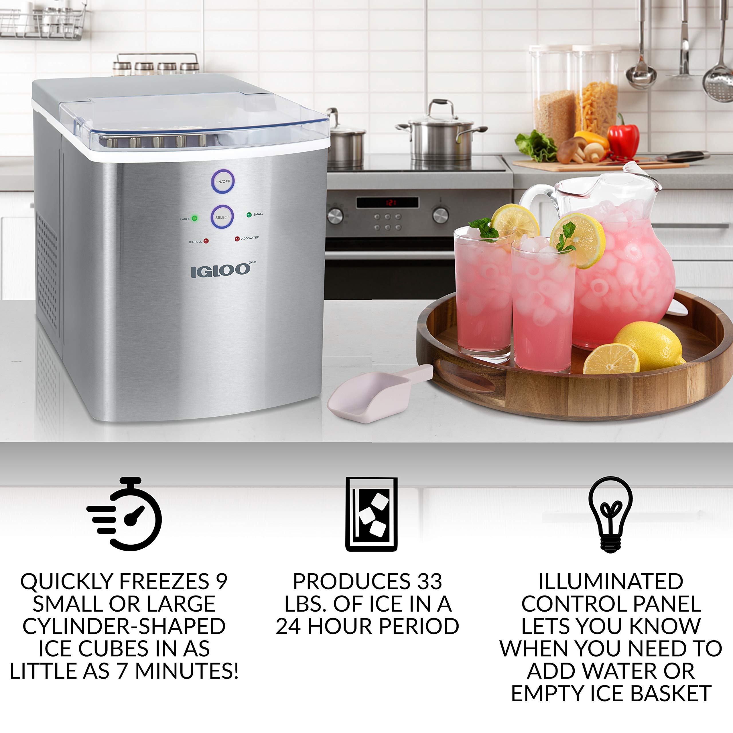 Igloo ICEB33SS Large-Capacity Stainless Steel Automatic Portable Electric Countertop Ice Maker Machine, 33 Pounds in 24 Hours, 9 Cubes Ready in 7 Minutes, with Scoop and Basket