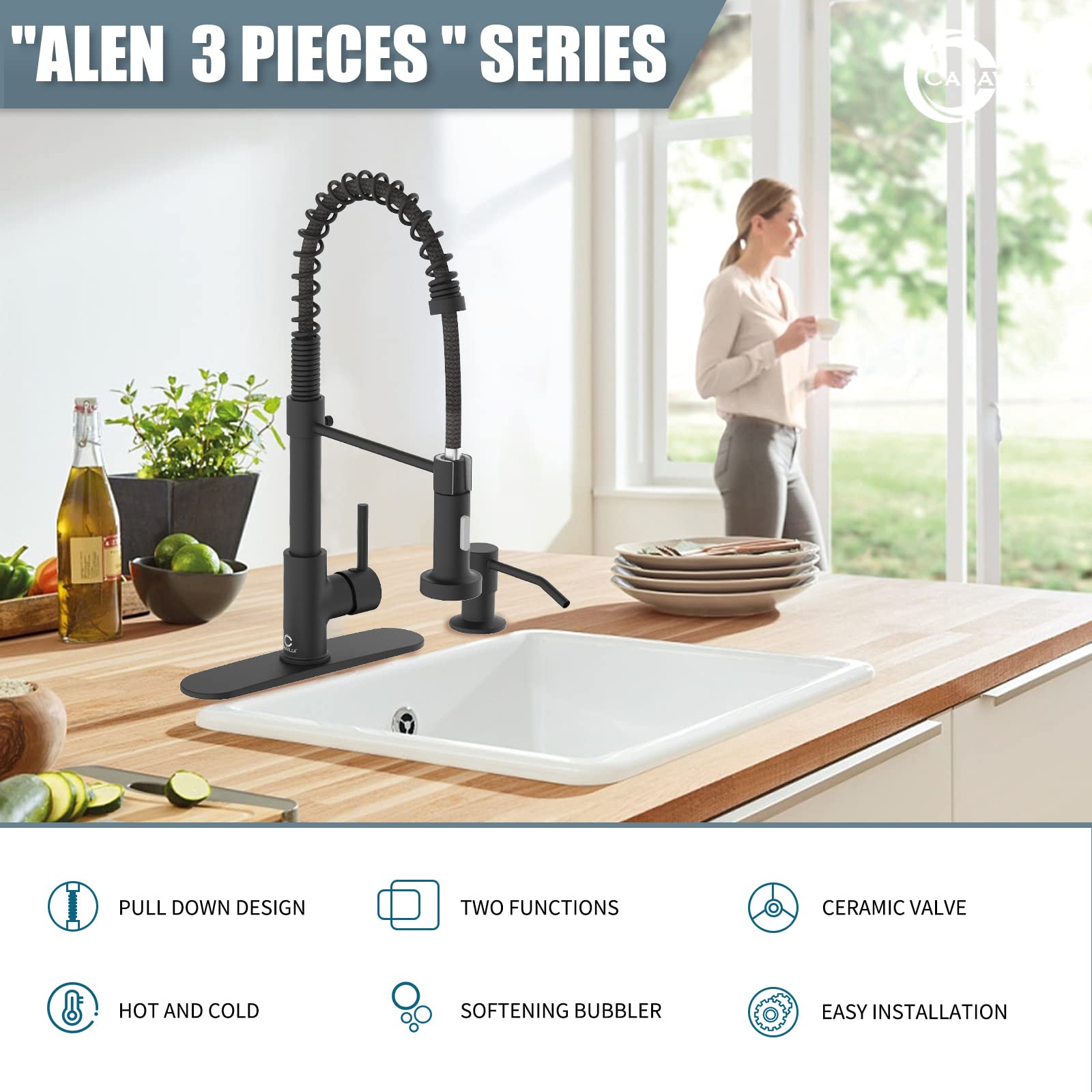 Casavilla Kitchen Faucet Set, Black Kitchen Sink Faucets with Pull Down Sprayer and Soap Dispenser, Single Handle Stainless Steel Faucets for Kitchen Sinks, Farmhouse Kitchen Faucets with Deck Plate