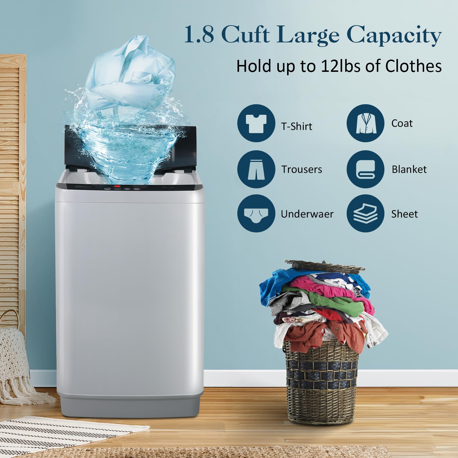 Full Automatic Washer Machine, 1.8Cu.ft Portable Laundry Washer with Drain Pump, 10 Wash Programs&8 Water Levels, 12lbs Capacity Washer and Spinner Combo for Apartment RV Dorm Camping, Grey