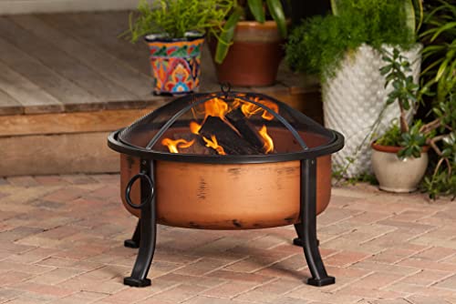 Fire Sense 62342 Lumina Round Wood Burning Fire Pit Copper Finish Steel Fire Bowl Mesh Spark Screen & Screen Lift Tool Included Lightweight Portable Patio & Outdoor Heater - Round - 24" Diameter