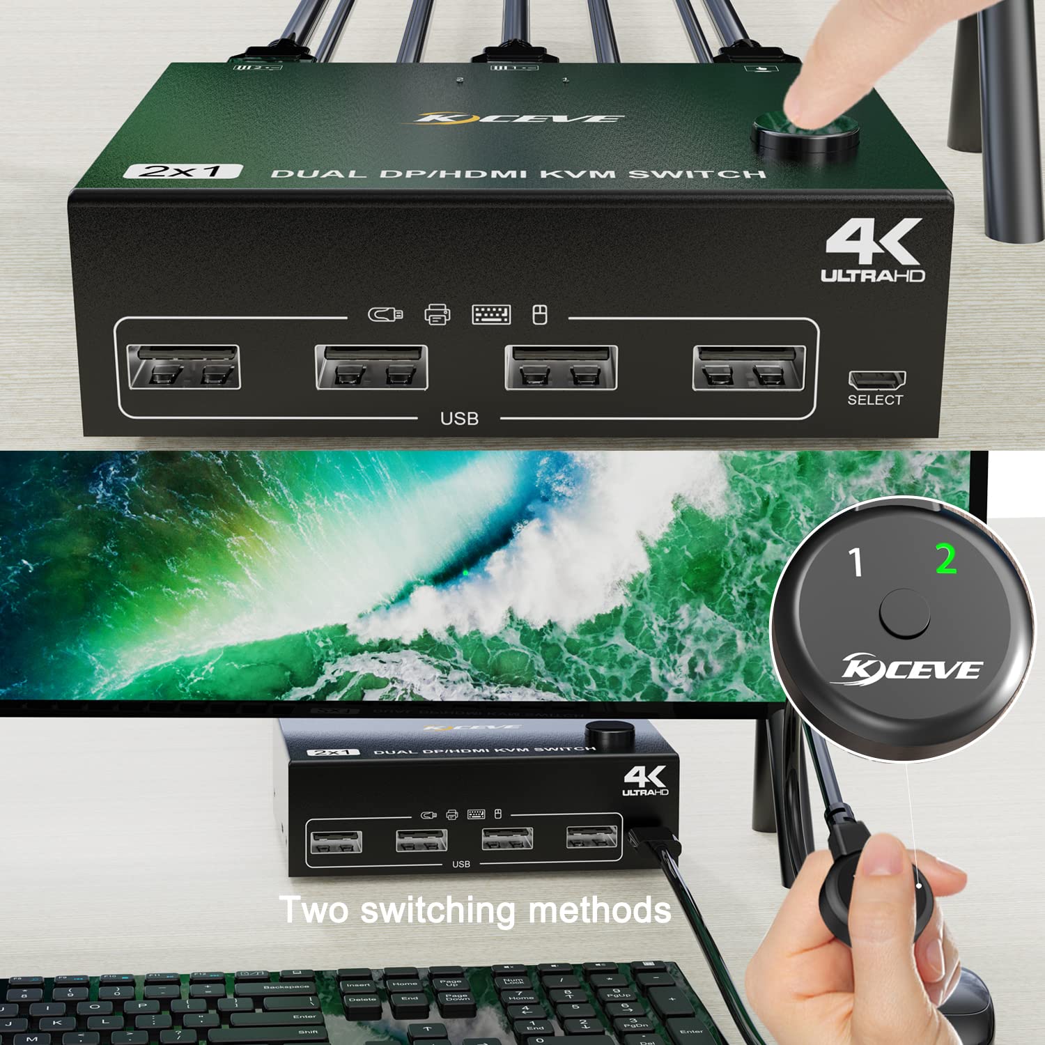 Dual Monitor KVM Switch HDMI and DP 2 Port 4K@60Hz,HDMI DP Extended Display Switcher for 2 Computers Share 2 Monitors(1 DP and 1 HDMI Port) with 4 USB 2.0 Hub,Desktop Controller and USB HDMI DP Cables