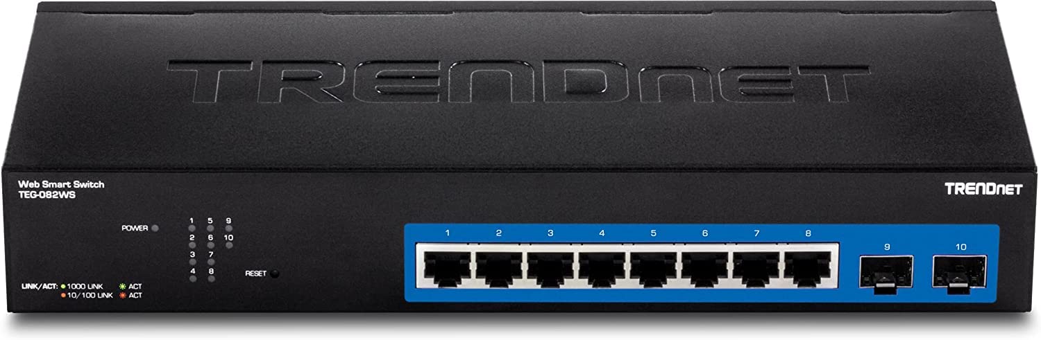 TRENDnet 10-Port Gigabit Web Smart Switch, 20 Gbps Switching Capacity, 8 x RJ-45 Ports, 2 x SFP, Slots, VLAN, QoS, LACP, IPv6 Support, Fanless, Rack Mountable, Lifetime Protection, TEG-082WS Black