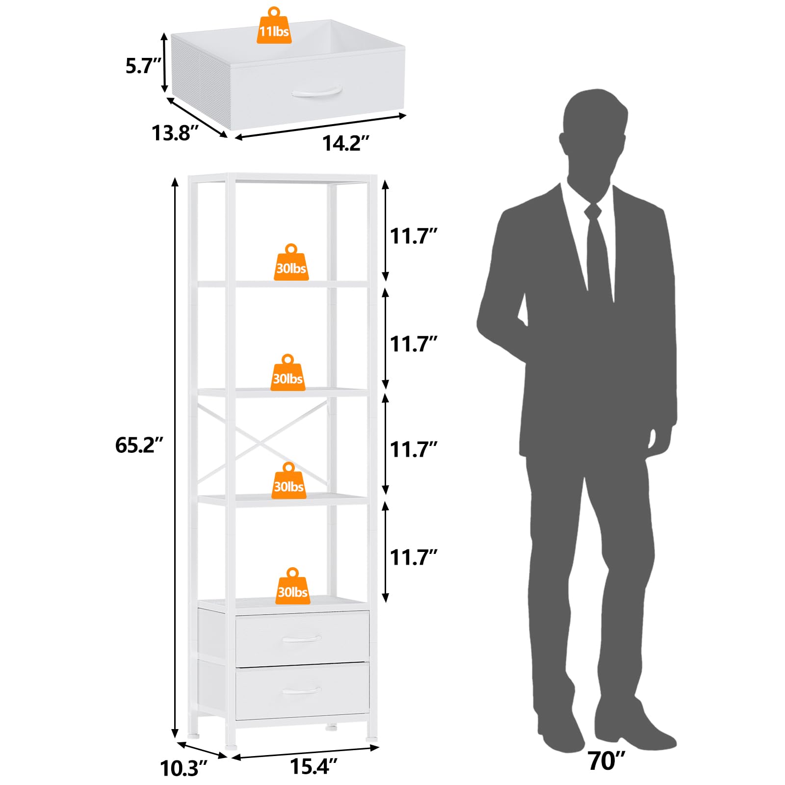 Furnulem 5-Tier Corner Shelf, Narrow Bookshelf with 2 Storage Drawers, Tall Bookcase, Standing Shelf Organizer Unit for Living Room, Bedroom, Metal Frame, Wood Display Shelf(White)