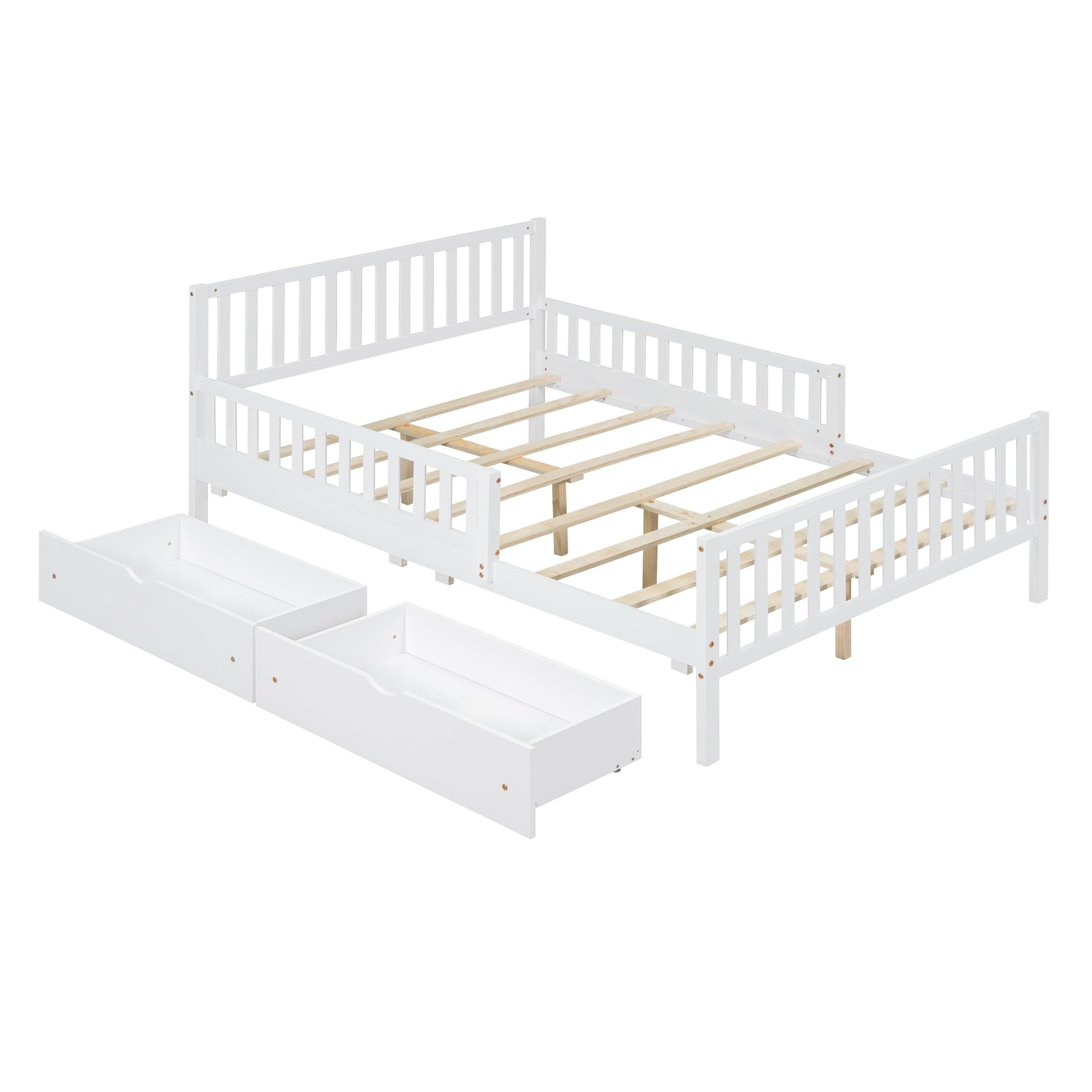 Full Bed Frame with Storage Drawers and Fence Rails, Wood Platform Beds with Headboard and Slat Support for Kids Boys Girls Teens, No Box Spring Needed, Full Size, White