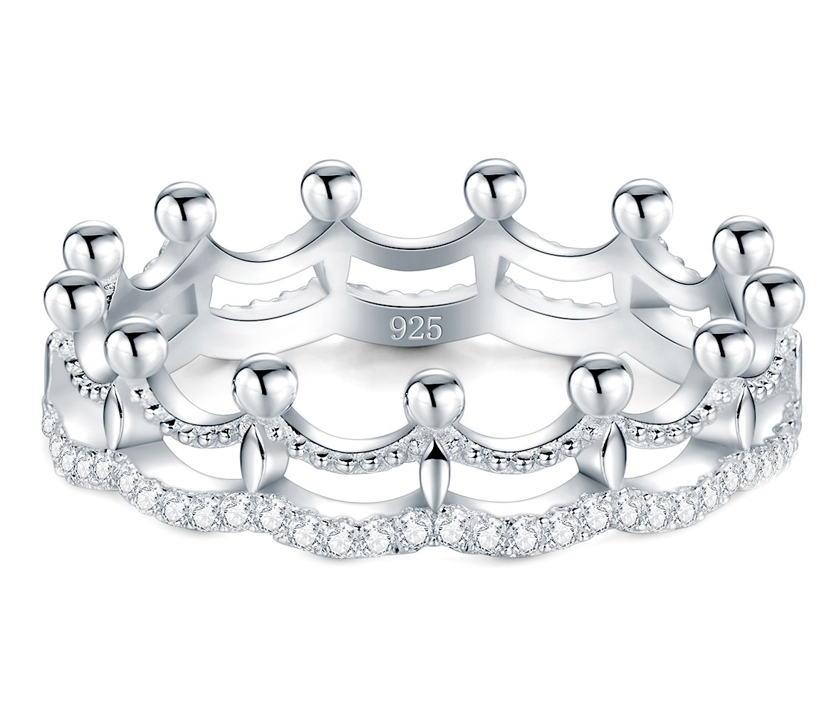 BORUO 925 Sterling Silver Ring, Cubic Zirconia Princess Crown Tiara Wedding Cz Band Eternity Ring Size 8