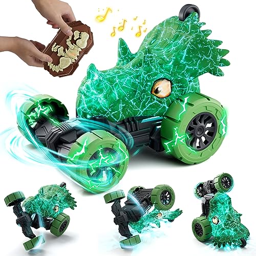 LOVE LIFE Remote Control Car, RC Stunt Car Invincible 360°Rolling Twister with Colorful Lights & Music Switch, Dinosaur Remote Control Car for 3 4 5 6 7 8 Year Old Kids Boys (Triceratops)