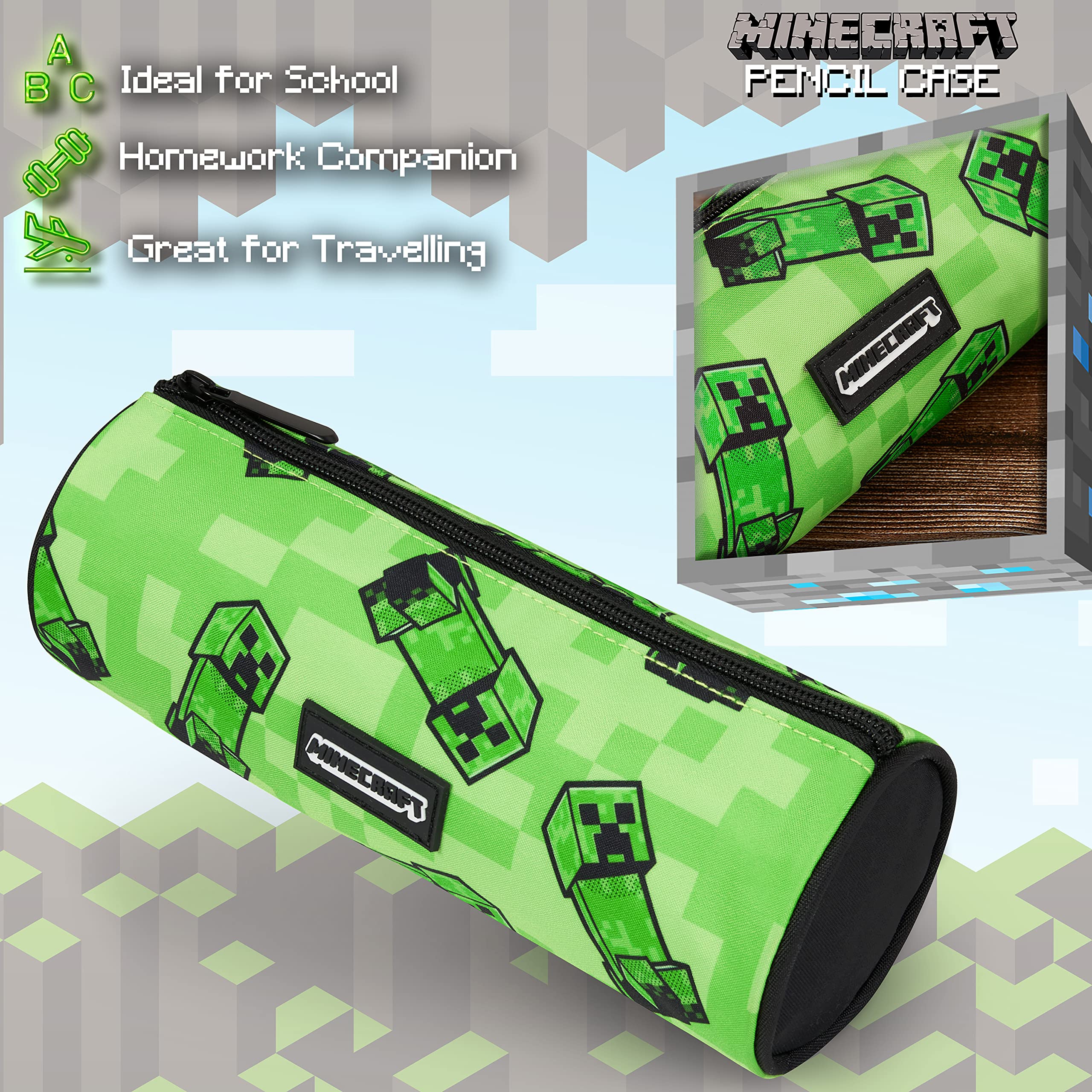 Minecraft Boy's Gamer School Pencil Case Round 22 cm Video Games Design Green