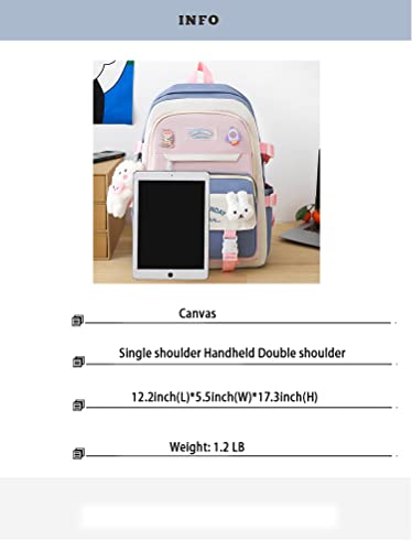 MWZING 5 Piece Backpack Set kawaii Backpack with Cute Bear Doll and Pins Canvas Backpack Large Capacity Aesthetic Shoulder bag
