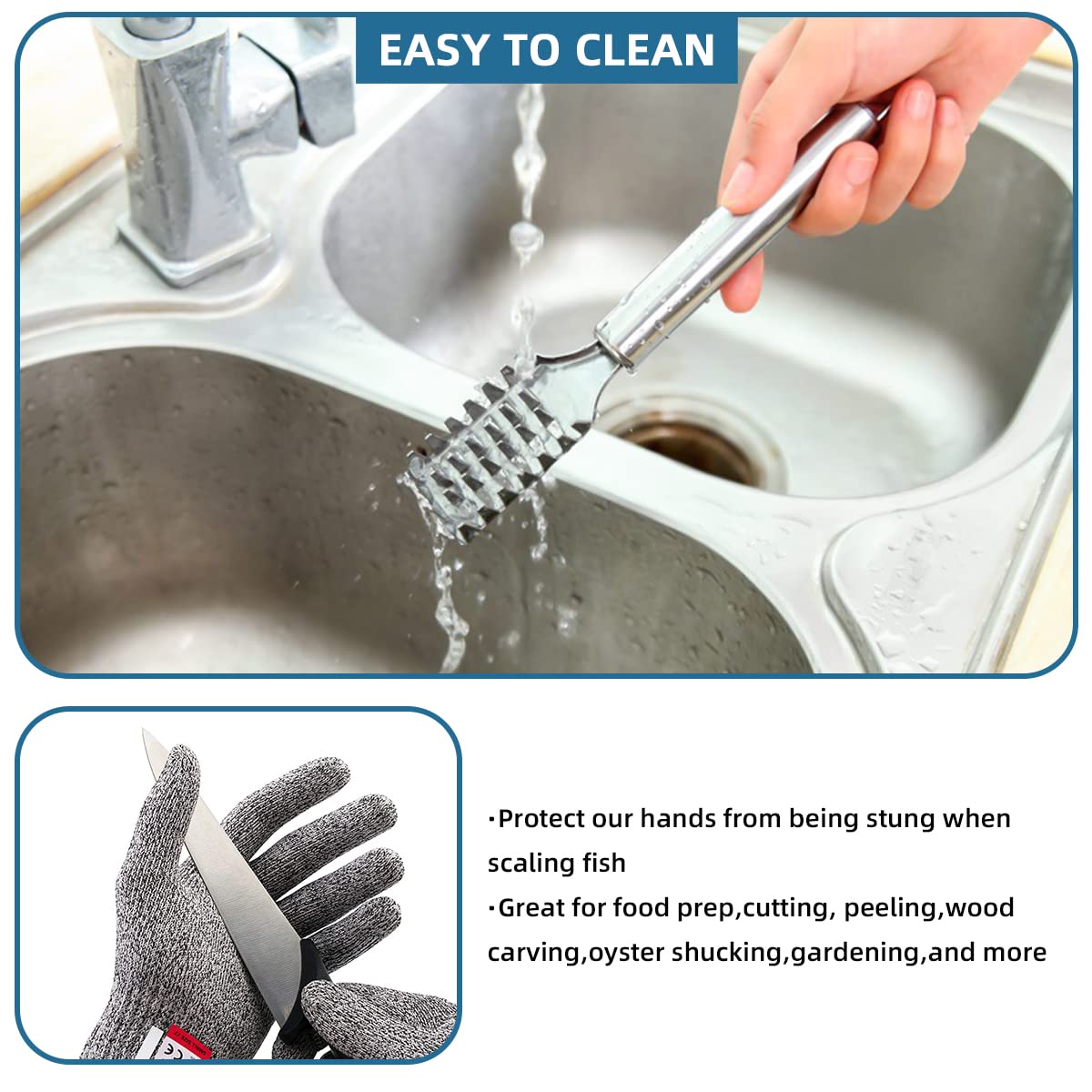 Fish Scaler Stainless Steel Fish Scaler Remover No Mess Easily Remove Fish Scales,Fish Skin Scraper for Kitchen Fish Cleaning Kit,Fish Descaler Tool Suitable for All Fish,with One Glove⦠(Large)