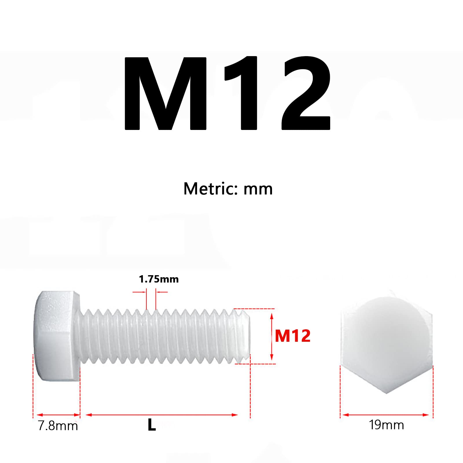 CREULT PA66 Nylon Hex Bolts M12 x 60mm Full Thread Pitch Plastic Male Screws Anti-corrosion Insulation Machine Fasteners White (8pcs)