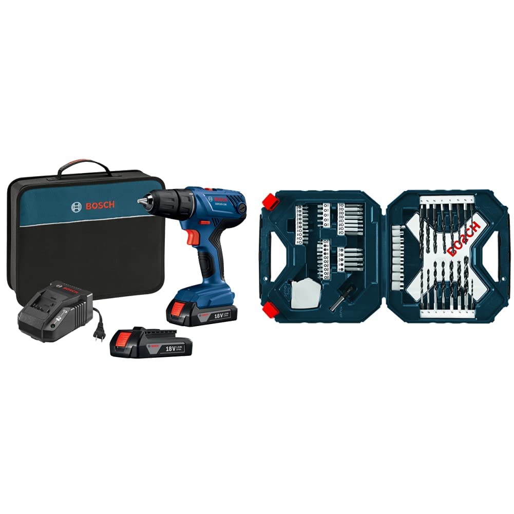 Bosch 18V Compact 1/2" Drill/Driver Kit with (2) 1.5 Ah Slim Pack Batteries GSR18V-190B22 & 65-Piece Drilling and Driving Mixed Set MS4065