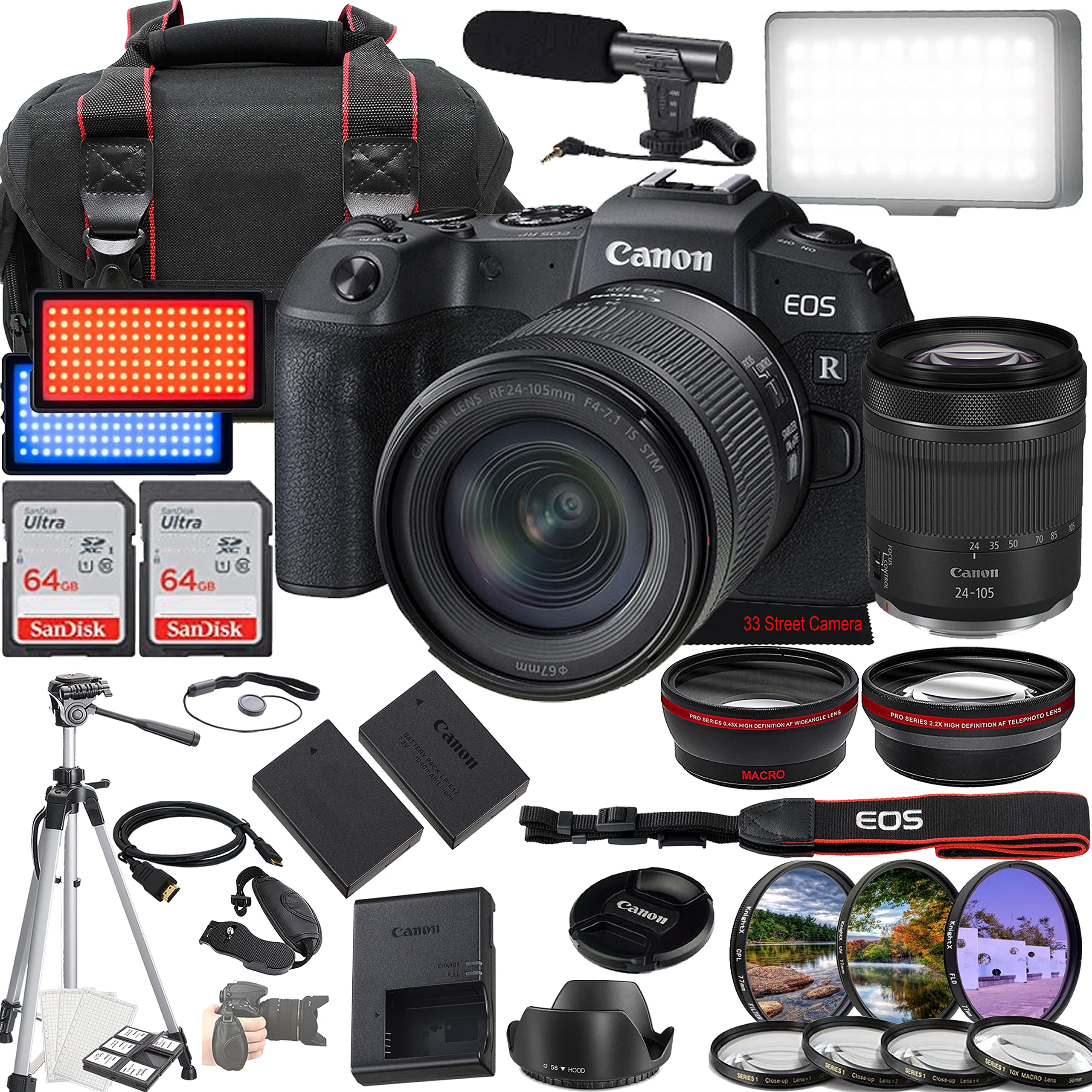 Canon EOS RP Mirrorless Camera w/RF 24-105mm f/4-7.1 is STM Lens + 2X 64GB Memory + Case + Microphone + LED Video Light + More (35pc Bundle)