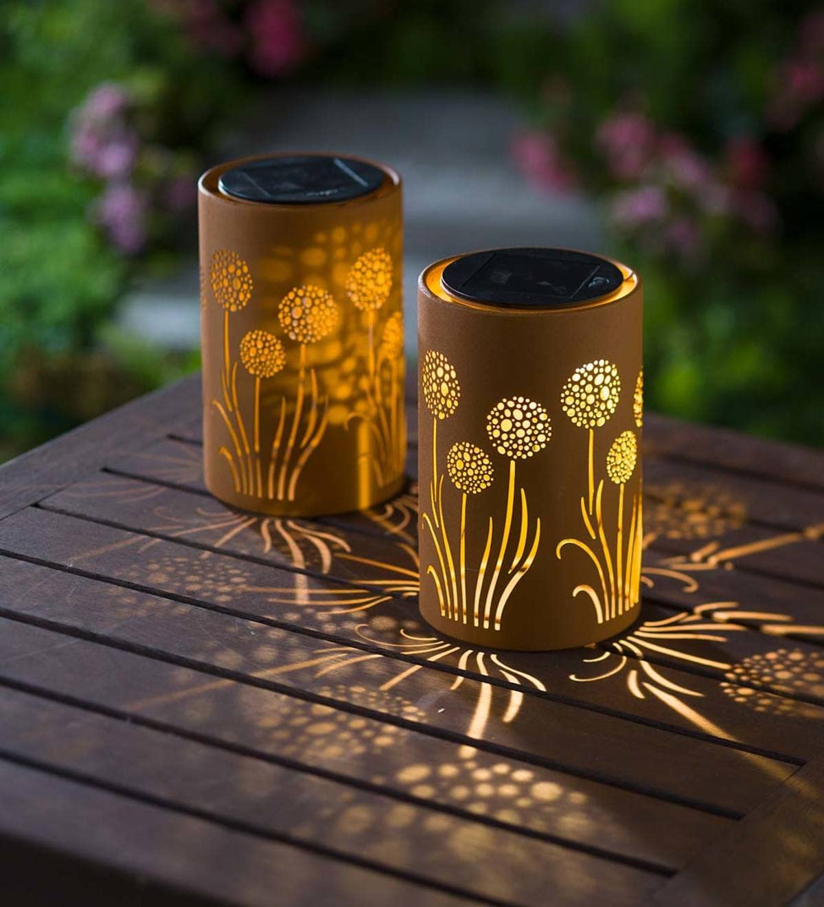 pearlstar Outdoor Solar Table Lamp 2pack Metal Dandelion Solar Lantern Lights, Retro Orange Finsih, Outside Decor for Patio Garden Yard Pathway Tabletop Waterproof(Dandelion)