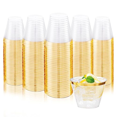 Nervure 120PCS Gold Plastic Cups - 9Oz Gold Rimmed Plastic Cups - Heavy Duty Disposable Clear Plastic Cups with Gold Rim Perfect for Weddings, Receptions & Parties