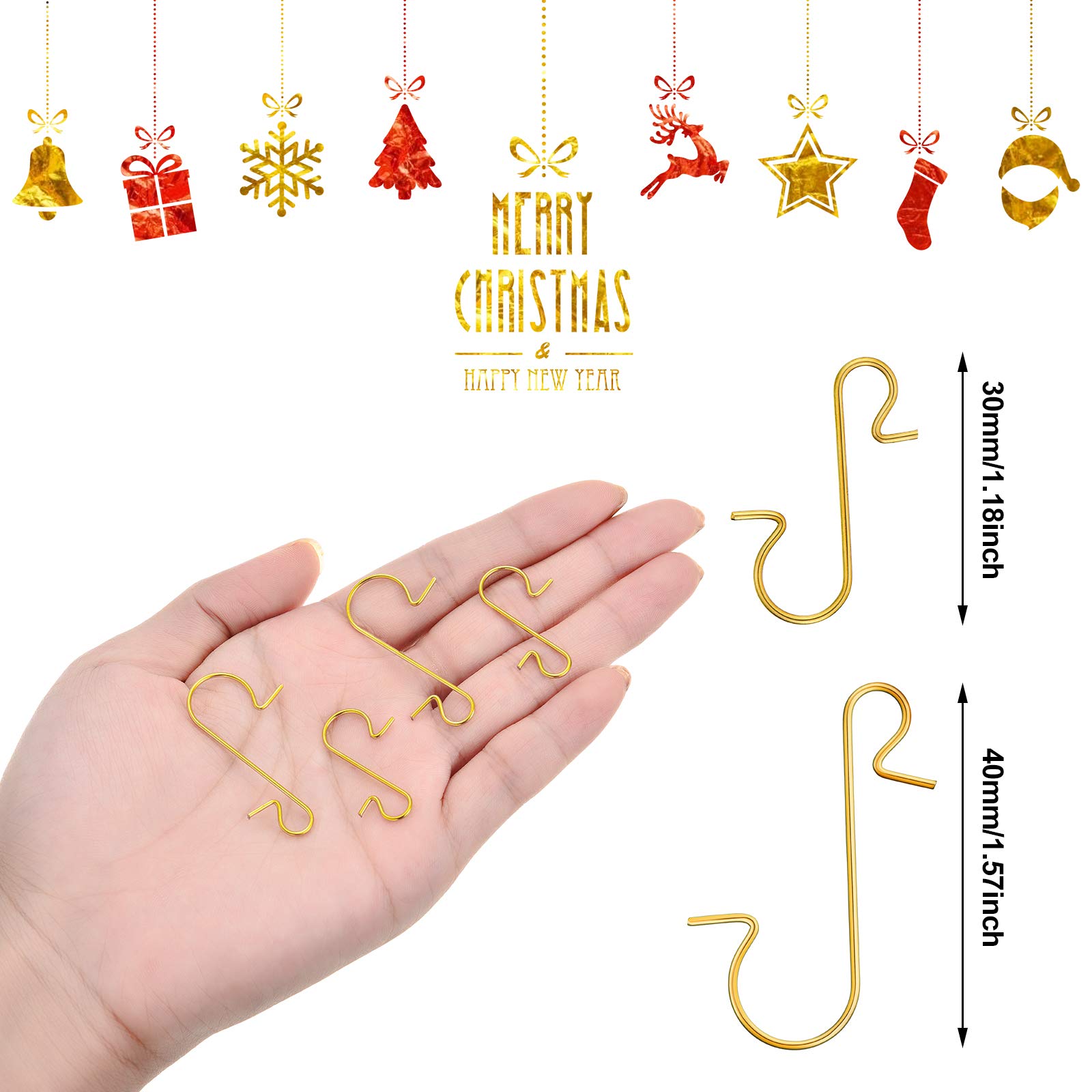 Hotop 200 Pcs Christmas Ornament Hooks Gold Operation Christmas Ornament Hangers Christmas Tree Hooks Metal Wire Hooks with Storage Box for Hanging Christmas Tree Decoration, 1.18'', 1.57''