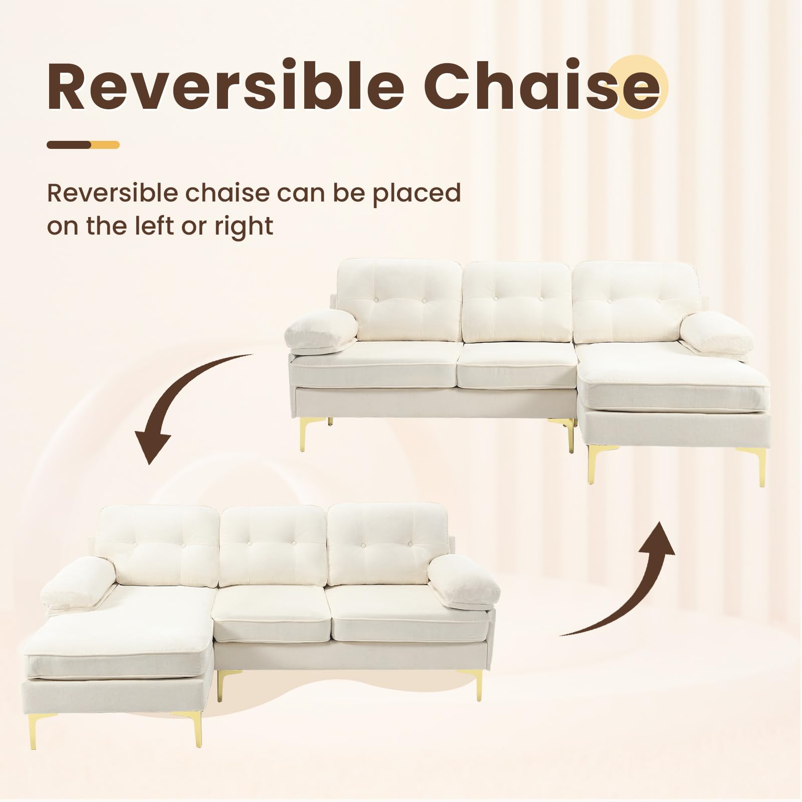 Fiona's magic L Shape Couch with Chenille Fabric, Convertible Sectional Sofa Couch for Living Room with Reversible Chaise, 3-Seat Modern Couch with Removable Cushion for Small Apartment
