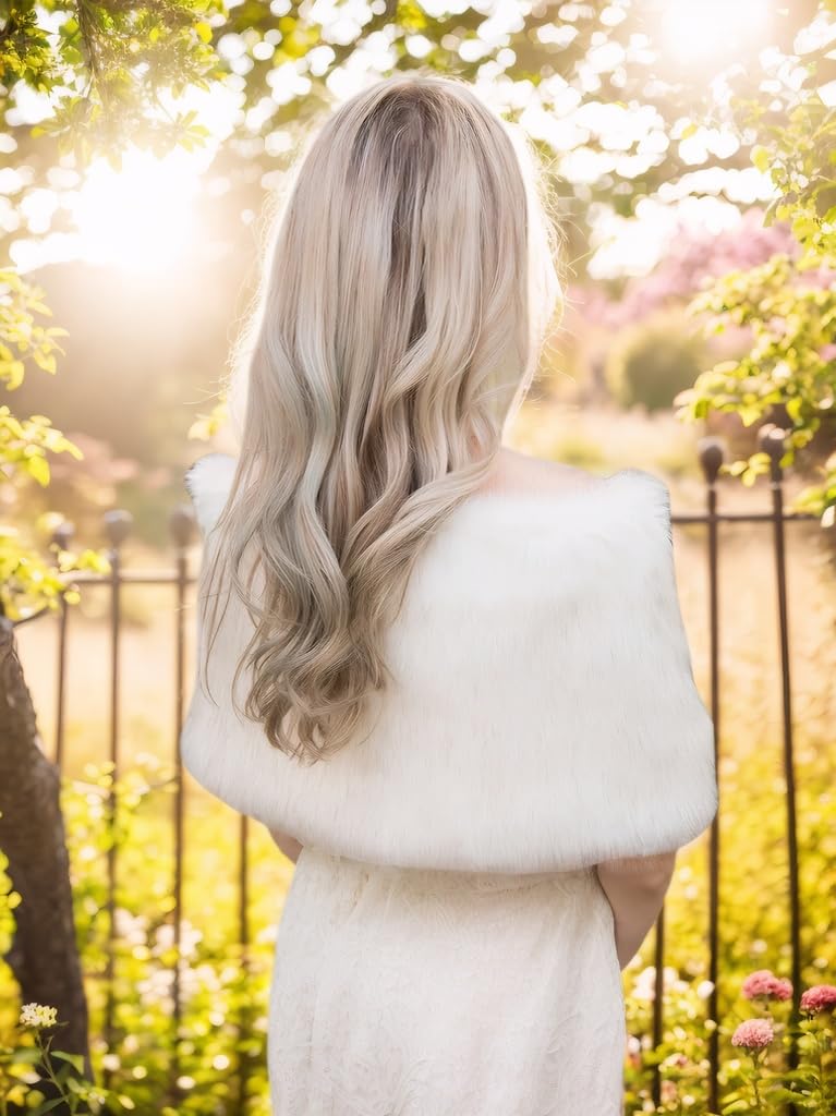 DJBM Women's Faux Fur Shawl Wraps Cloak Coat Sweater Cape for Evening Party Ivory/Brown