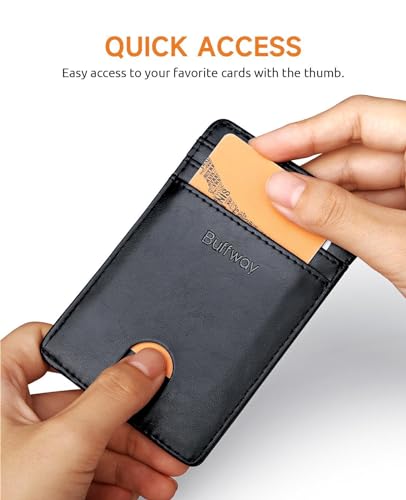 Buffway Mens Slim Wallet, Minimalist Thin Front Pocket Leather Credit Card Holder with RFID Blocking for Work Travel - Seattle Black