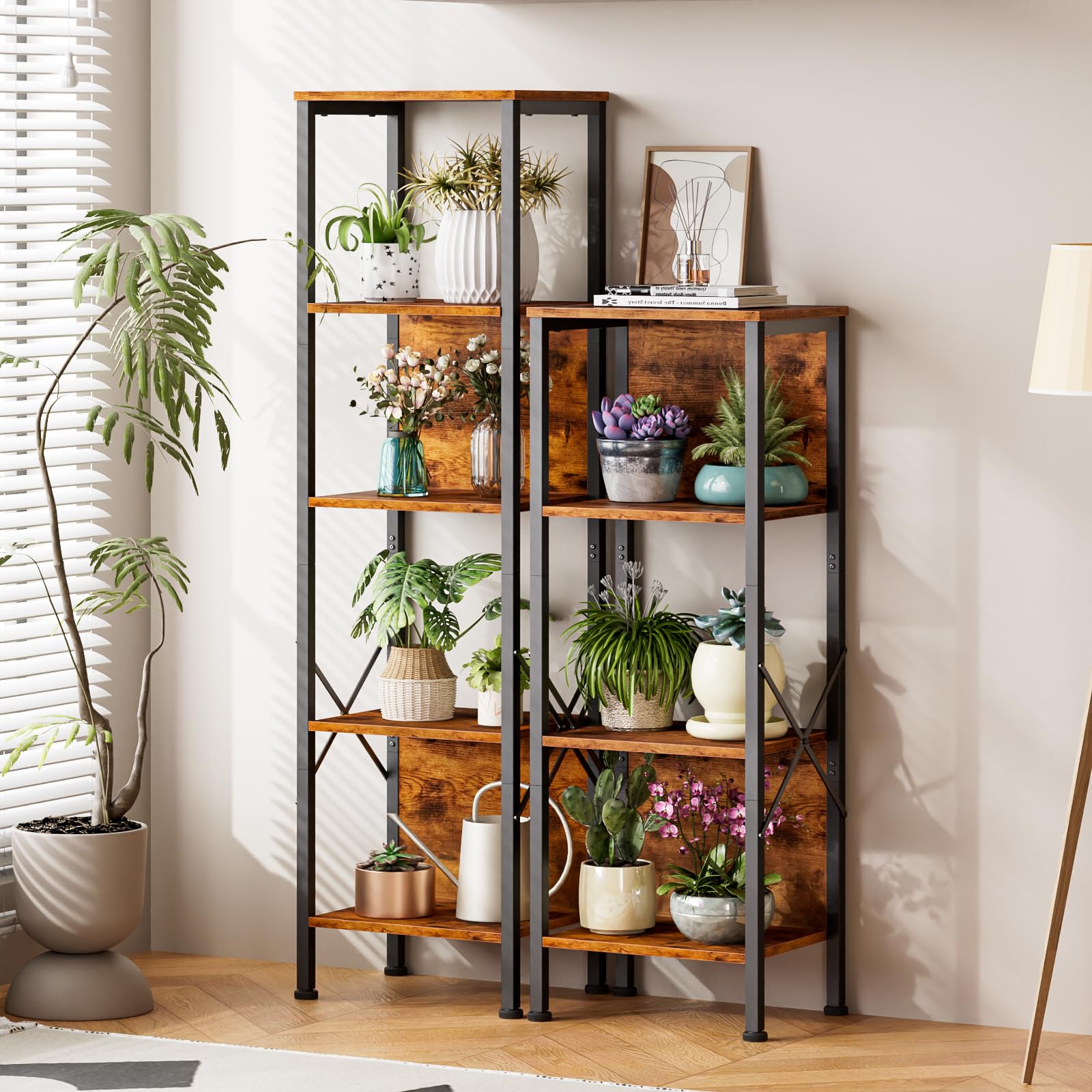 Furologee 5 Tier Bookshelf with Back, Tall Narrow Bookcase, Rustic Standing Shelf Units, Metal and Wood Display Storage Rack Organizer for Bedroom, Living Room, Home Office, Entryway