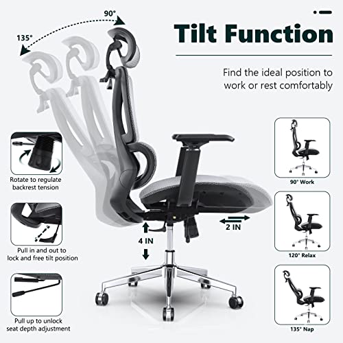 Memobarco Office Chair, Ergonomic Office Chair with Lumbar Support, Adjustable Seat Depth, Headrest, Armrests, Tilt Function, Mesh Executive Office Chairs for Home, Meeting, Conference, Hotel, Gray