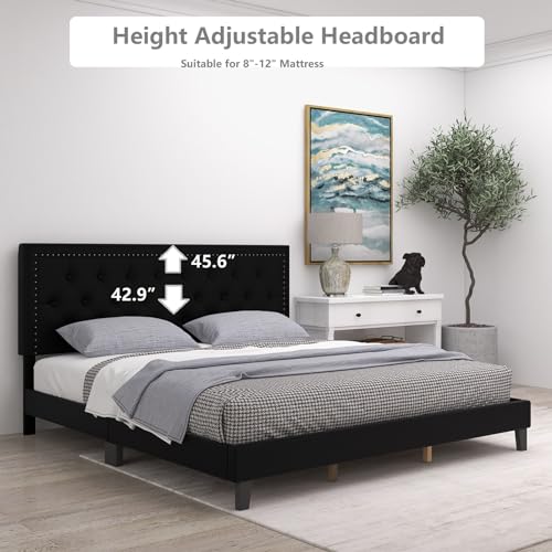 Homhougo Full Size Bed Frame with Adjustable Headboard, Upholstered Platform Bed with Button Tufted Faux Leather Headboard, Wood Slat Support, Noise-Free, No Box Spring Needed, Easy Assembly, Black