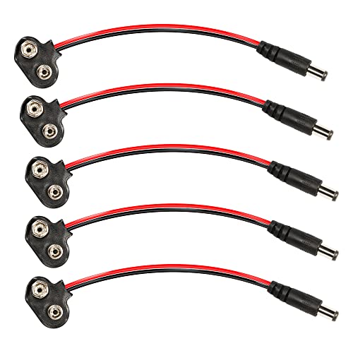 PNGKNYOCN 9V Battery Connector 9v Battery Clip T Type with DC 5.5mmx2.1mm Male Plug for 9V Alkaline Battery(5-Pack)