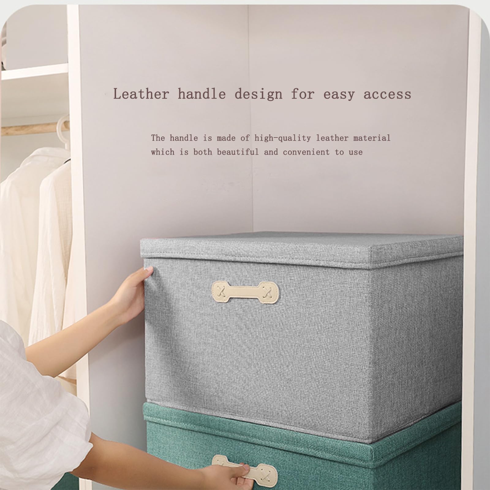 Foldable Cotton Linen Storage Baskets Bins with Lids, Leather Handheld Clothes Storage Box Fabric Storage Box,Toys,Clothes Organiser for Closet Home Bedroom Office Nursery,2pack (Morandi green)