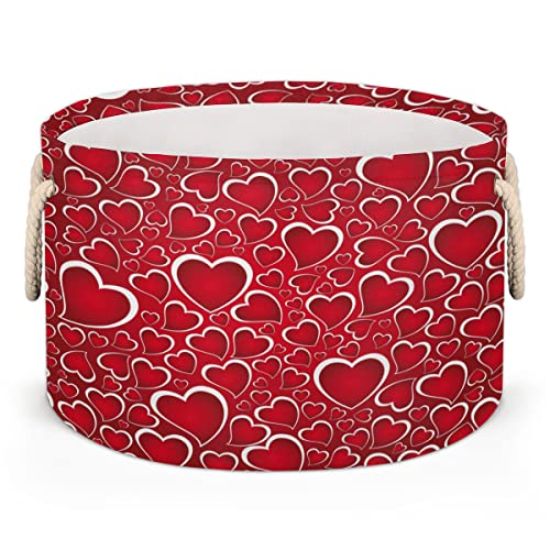 Valentine's Day Red Hearts Large Round Baskets for Storage Laundry Baskets with Handles Blanket Storage Basket for Bathroom Shelves Bins for Organizing Nursery Hamper Girl Boy