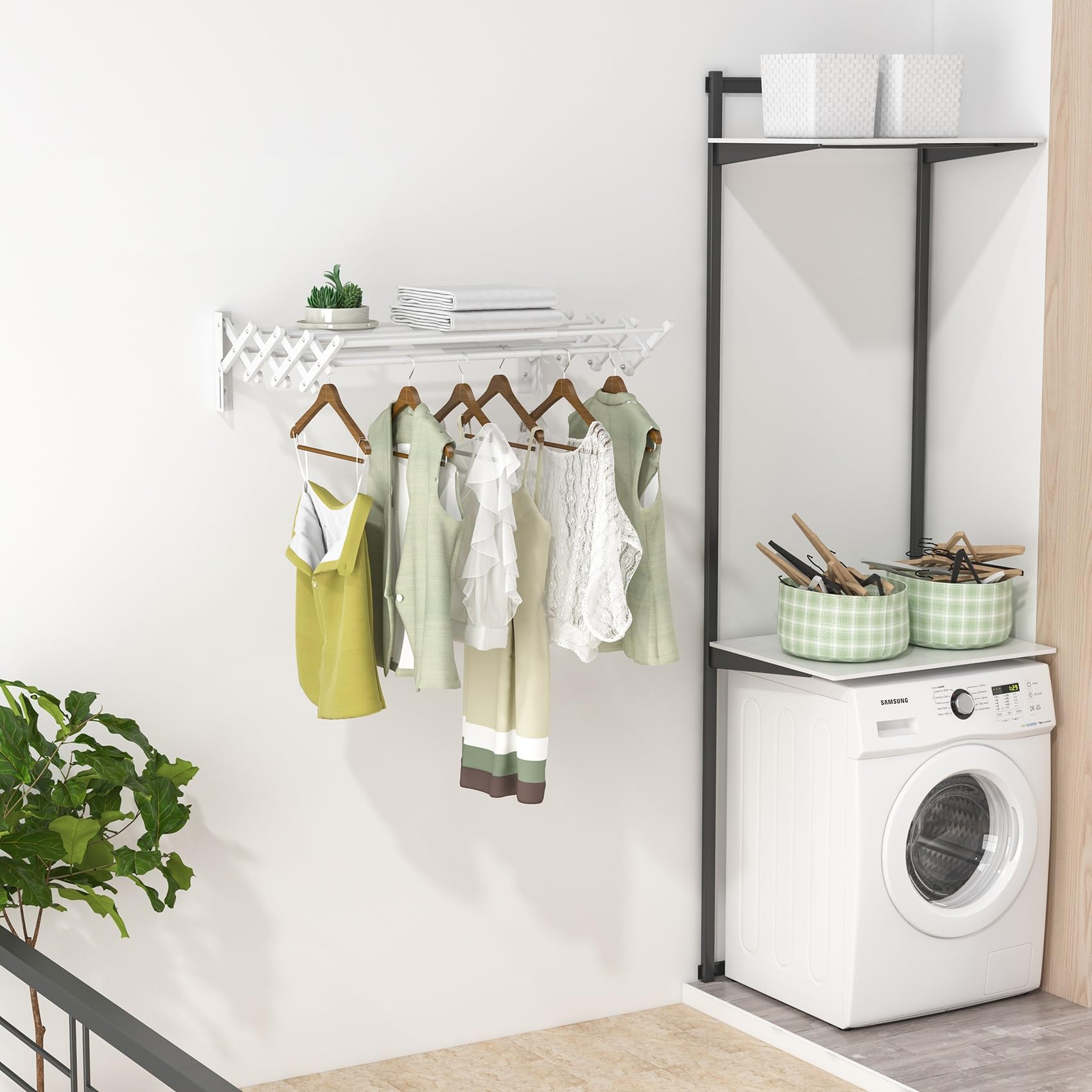 FKUO Metal Folding Clothes Drying Rack, Wall Mounted Clothes Hanger Rack, Retractable Collapsible Laundry Drying Rack, Towel Rack Space Saver (White)